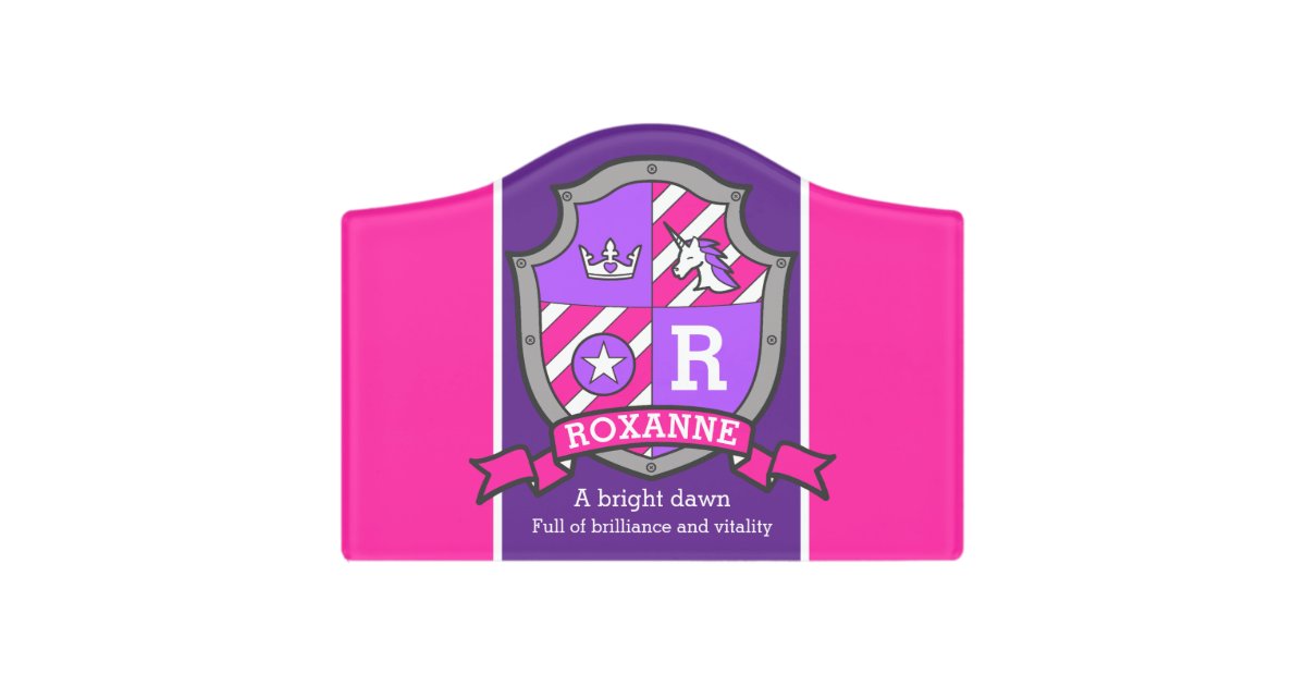 Girls name unicorn coat of arms princess Roxanne Door Sign | Zazzle