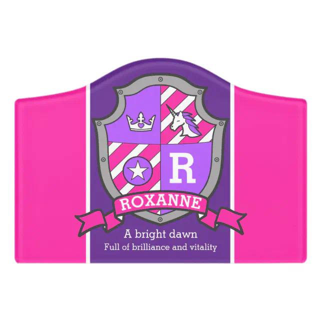 Girls name unicorn coat of arms princess Roxanne Door Sign | Zazzle