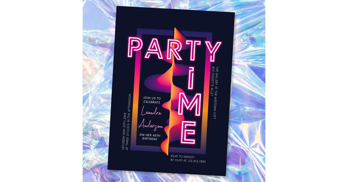 Girls Neon Party Time Birthday Party Invitation | Zazzle