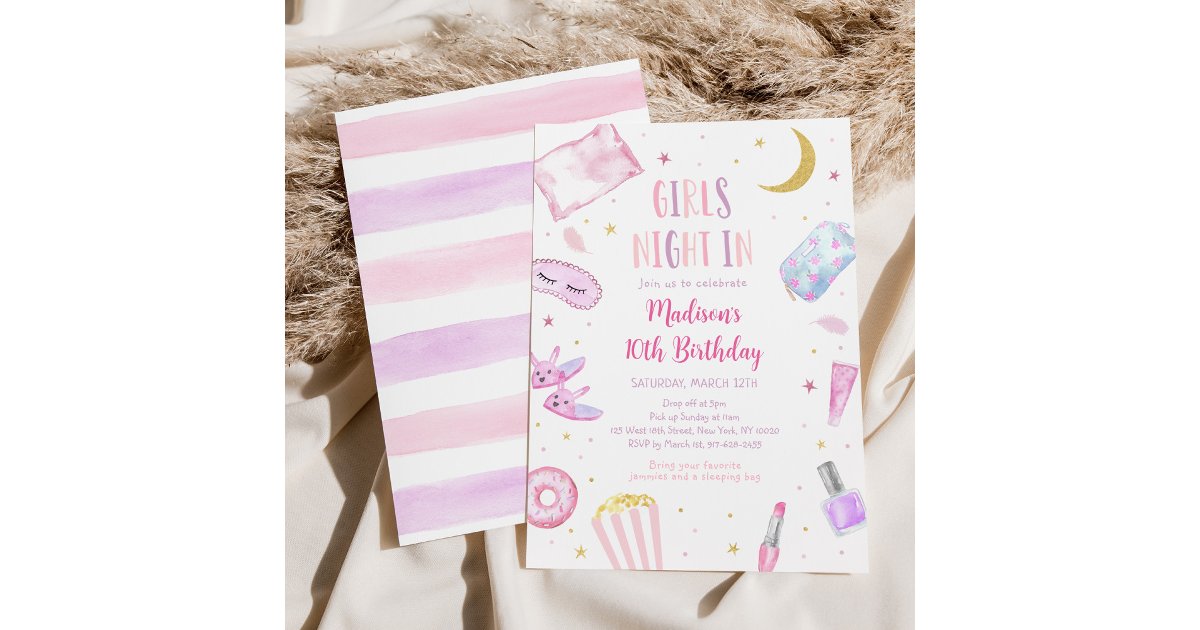 Girls Night In Slumber Party Pink Tween Birthday Invitation | Zazzle