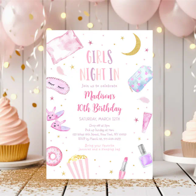 Girls Night In Slumber Party Pink Tween Birthday Invitation | Zazzle