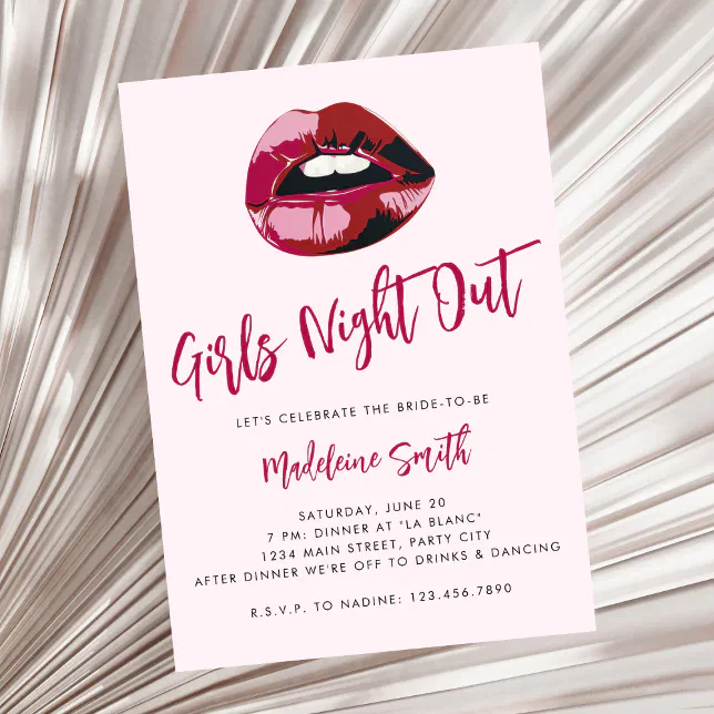 Girls Night Out Pink Lips Bold Fun Bachelorette Invitation | Zazzle