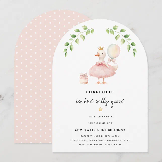 Girls One Silly Goose 1st Birthday Party Invitation | Zazzle