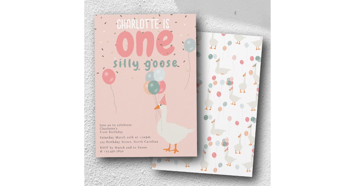 Girl's One Silly Goose 1st Birthday Party Pink Invitation | Zazzle