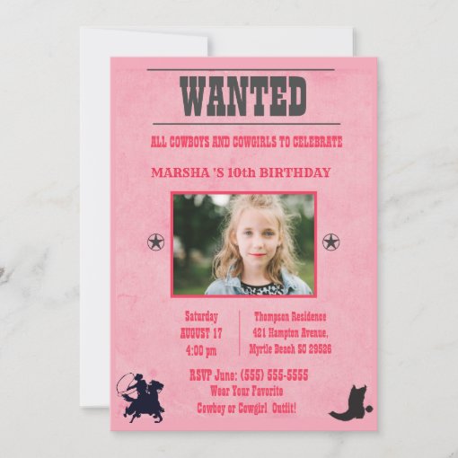 Girls Photo Pink Wanted Birthday Invitation | Zazzle