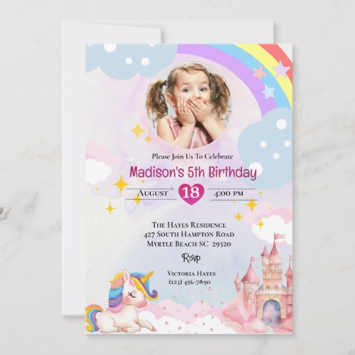 Girls Photo Rainbow Glitter 5th Birthday Party Invitation | Zazzle