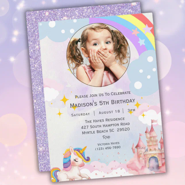 Girls Photo Rainbow Glitter 5th Birthday Party Invitation | Zazzle