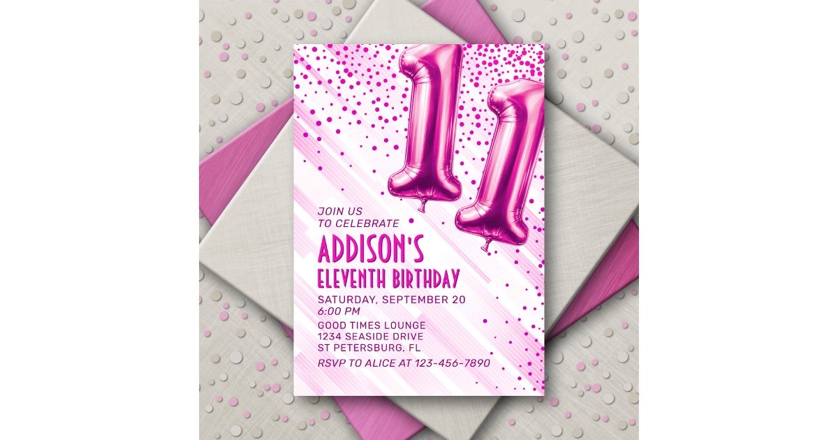 Girls Pink 11th Birthday Invitation | Zazzle