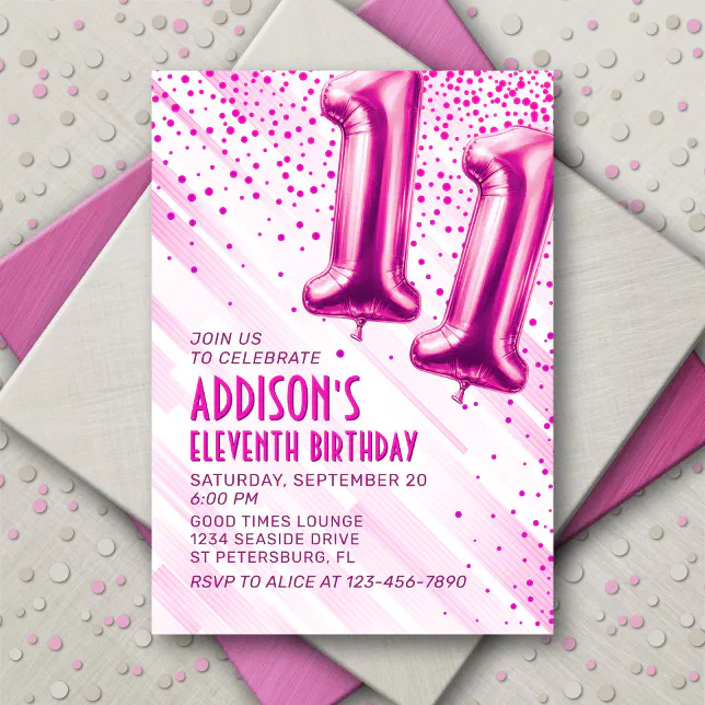 Girls Pink 11th Birthday Invitation | Zazzle