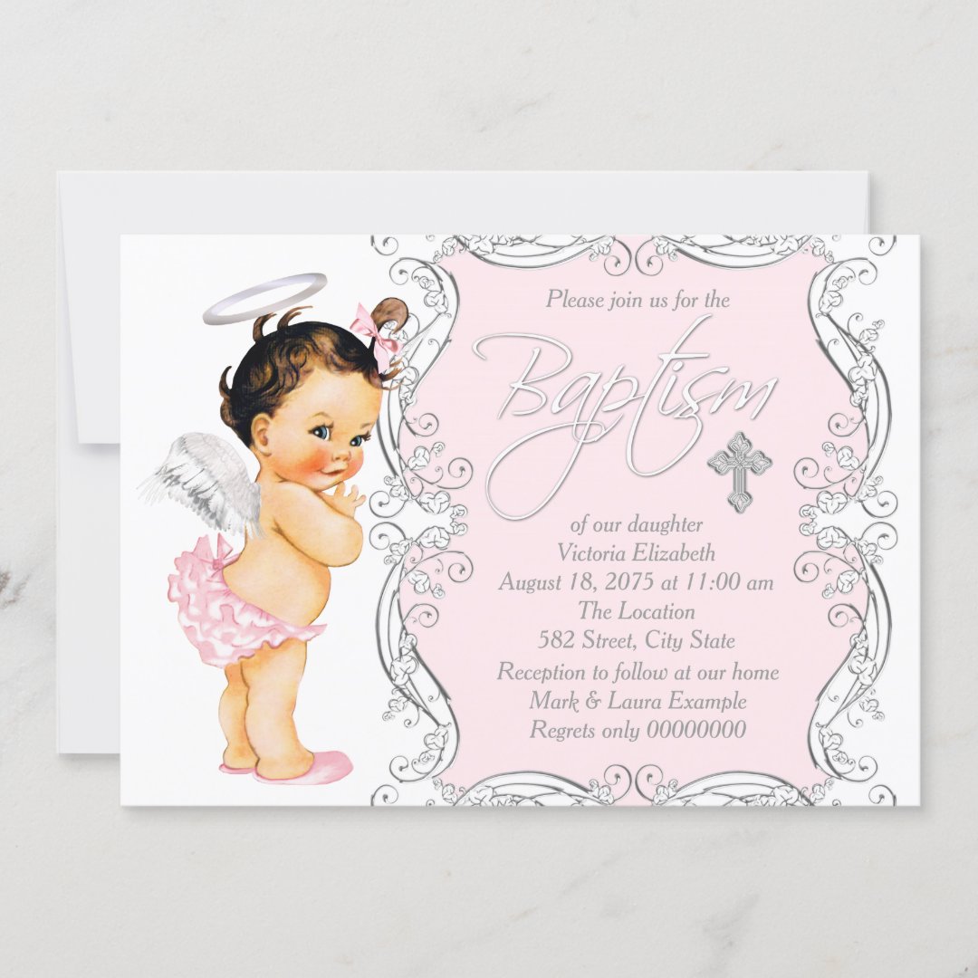 Girls Pink Angel Baptism Invitation | Zazzle