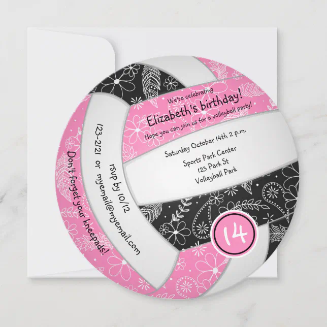 girls pink black boho volleyball birthday party announcement | Zazzle