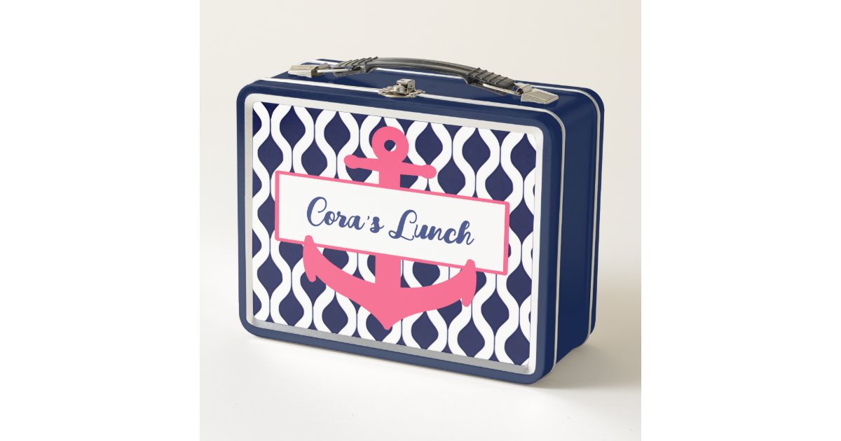 Girls Pink, Blue Nautical Anchor Personalized Name Metal Lunch Box | Zazzle