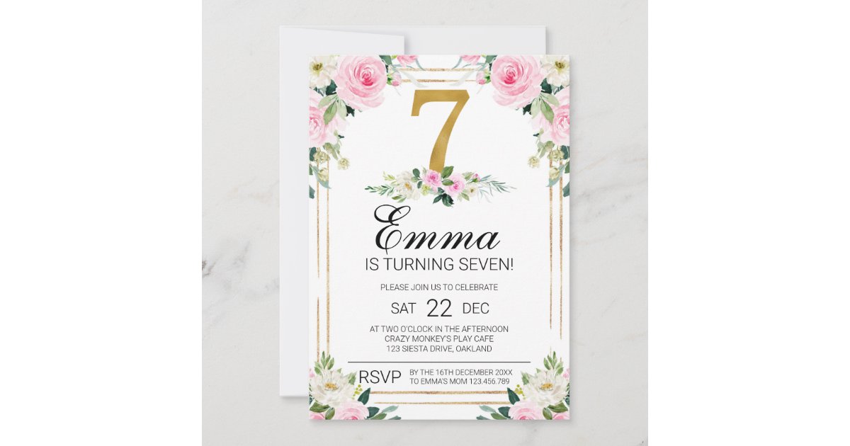 Girls Pink & Gold 7th Birthday Invitation | Zazzle