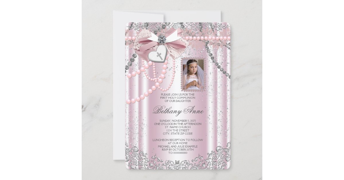 Girls Pink Photo First Communion Invitation | Zazzle