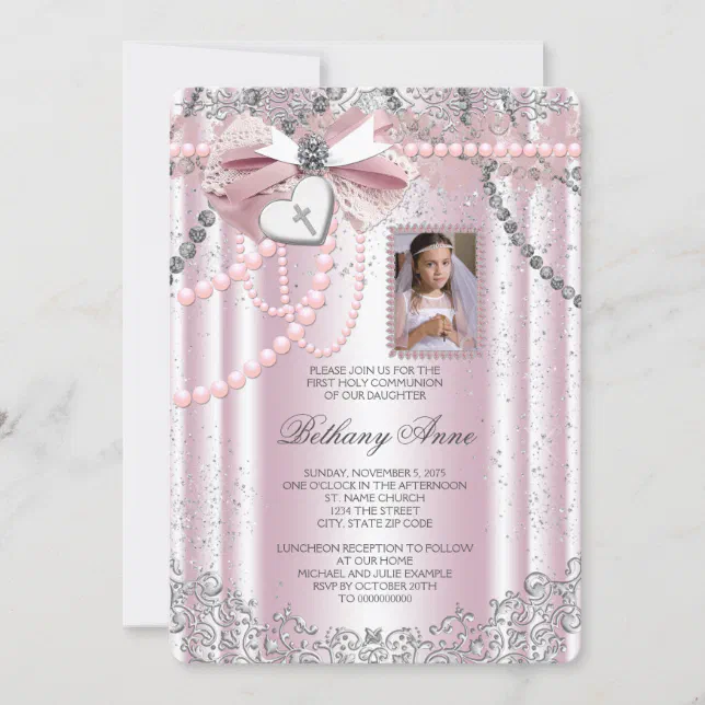 Girls Pink Photo First Communion Invitation | Zazzle