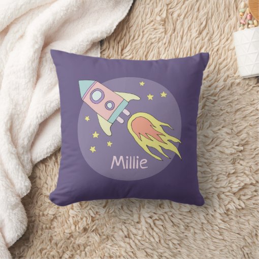 Girl's Pink Rocket Ship Space and Name Kids Throw Pillow | Zazzle