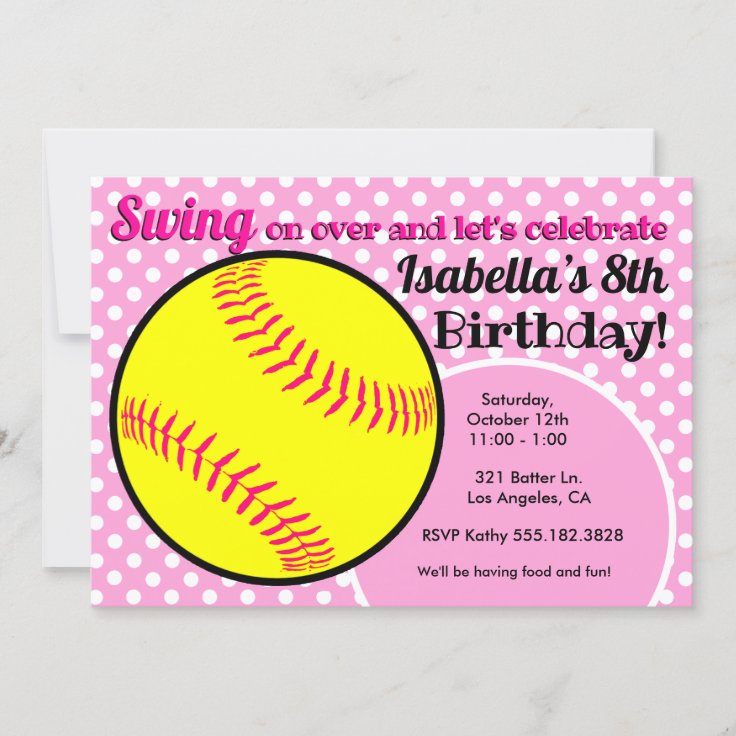 Girl's Pink Softball Birthday Party Invitation | Zazzle