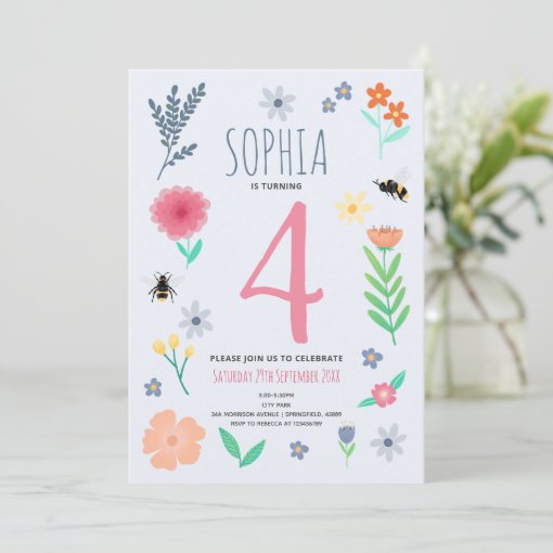 Girls Pink Spring Floral Bee Kids Birthday Invitation | Zazzle
