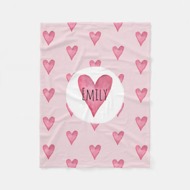 Girl's Pink Watercolor Heart and Name Children's Fleece Blanket | Zazzle