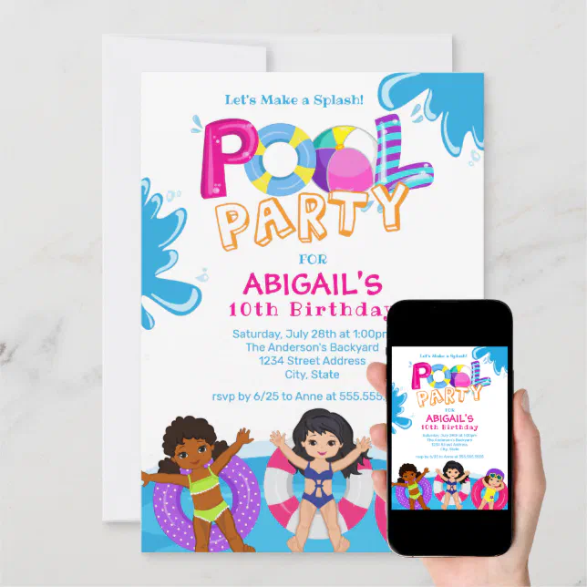 Girls Pool Party 10th Birthday Invitation | Zazzle