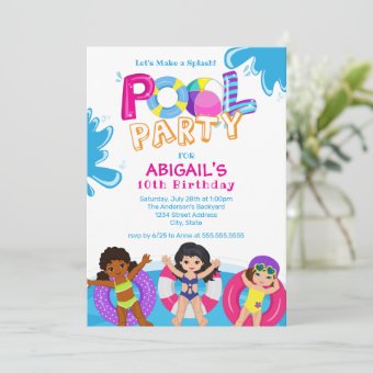 Girls Pool Party 10th Birthday Invitation | Zazzle