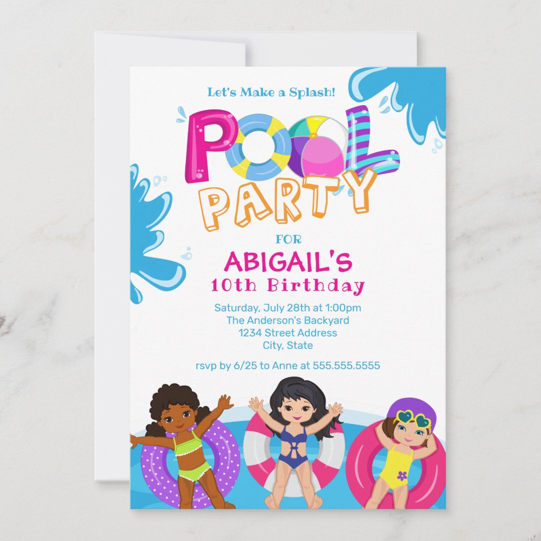 Girls Pool Party 10th Birthday Invitation | Zazzle