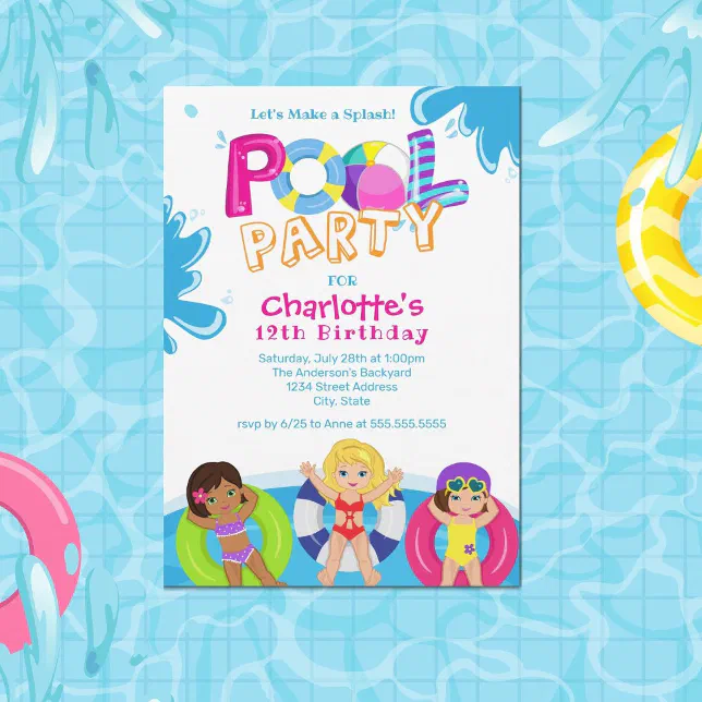 Girls Pool Party 12th Birthday Invitation | Zazzle