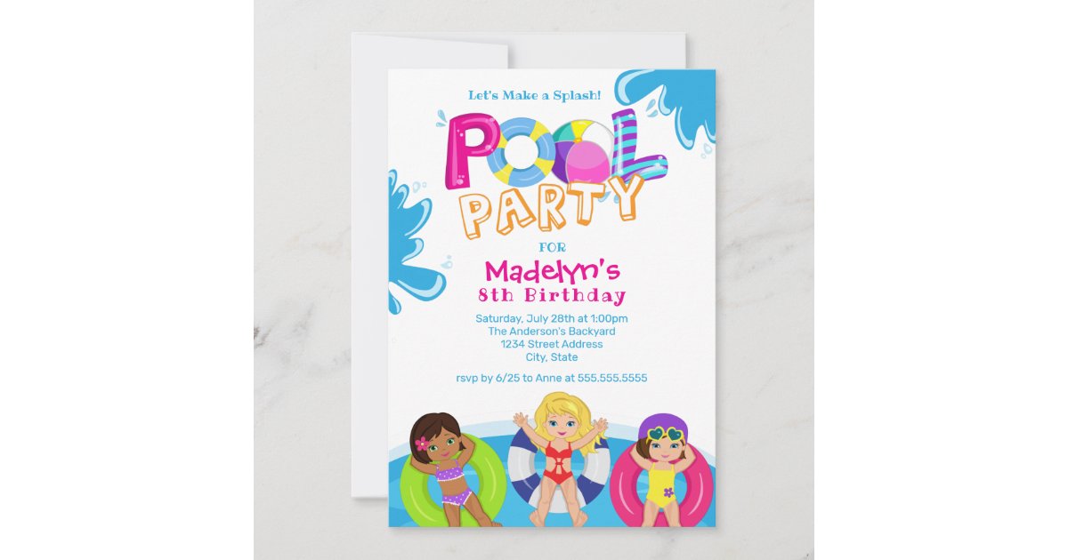 Girls Pool Party 8th Birthday Invitation | Zazzle