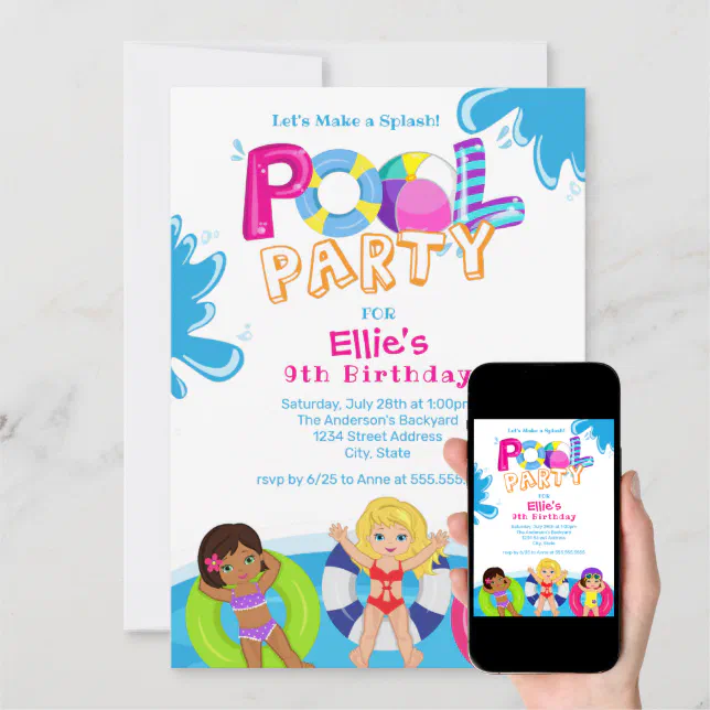 Girls Pool Party 9th Birthday Invitation | Zazzle