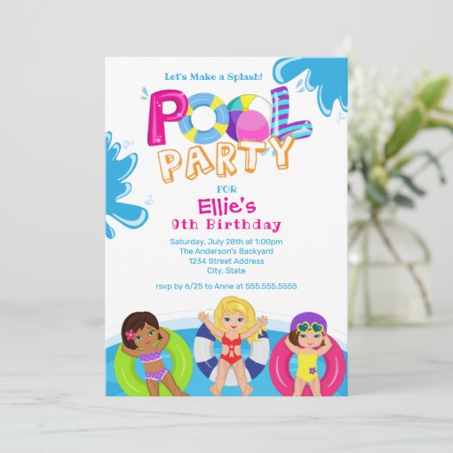 Girls Pool Party 9th Birthday Invitation | Zazzle