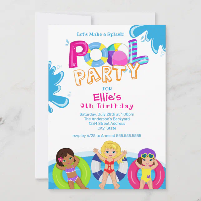 Girls Pool Party 9th Birthday Invitation | Zazzle