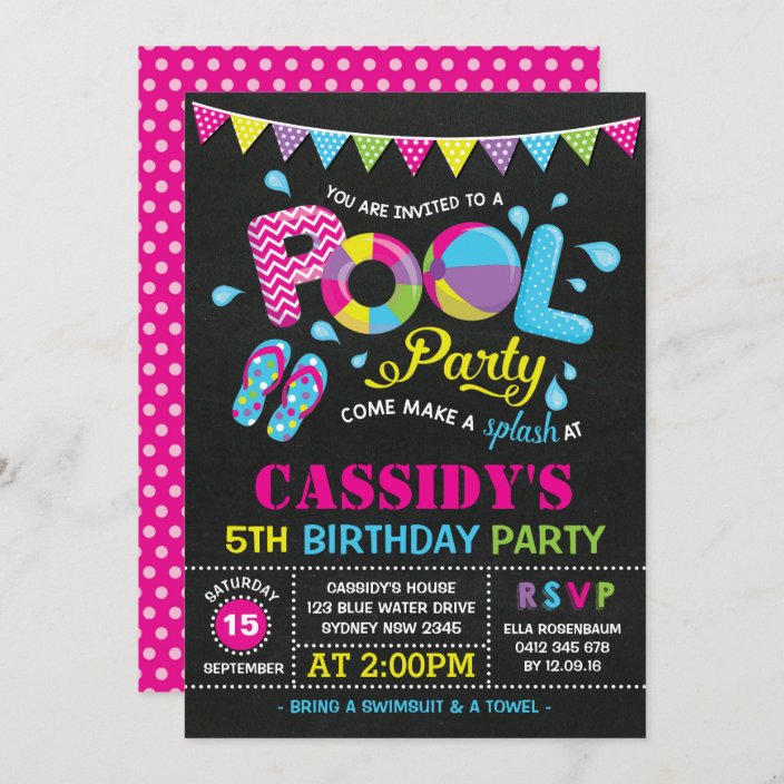 Girls Pool Party Birthday Chalkboard Invitation | Zazzle