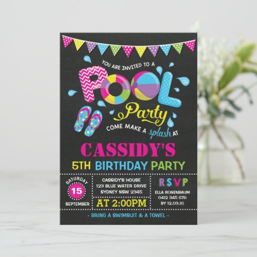 Girls Pool Party Birthday Chalkboard Invitation | Zazzle