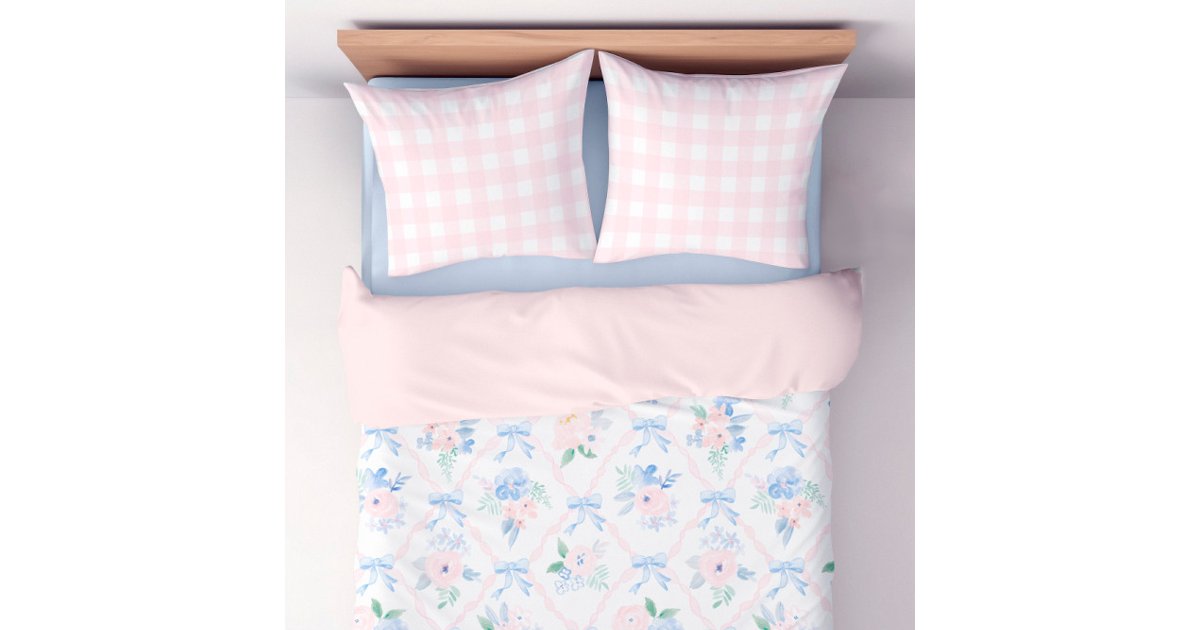Girls Preppy Watercolor Floral Bow Pink Ribbonerie Duvet Cover | Zazzle