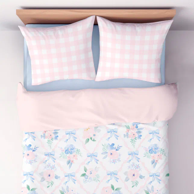 Girls Preppy Watercolor Floral Bow Pink Ribbonerie Duvet Cover | Zazzle