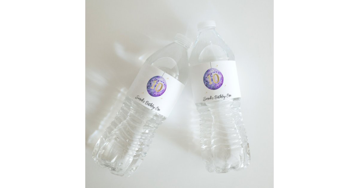 Girls Purple 10th Birthday Disco Water Station Water Bottle Label | Zazzle
