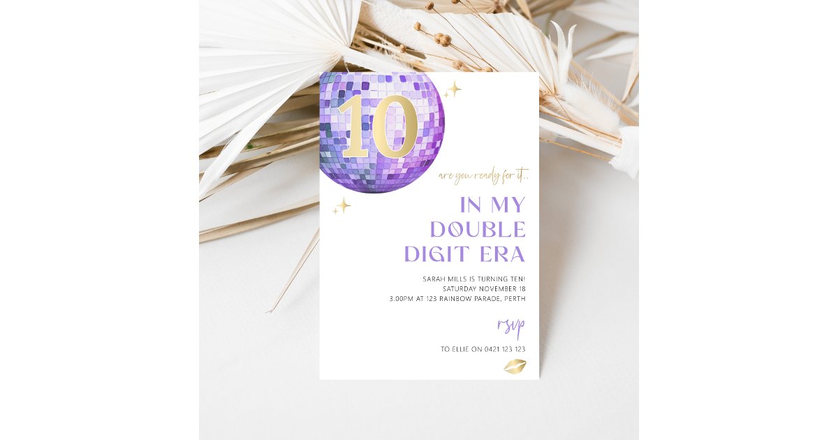 Girls Purple Disco In My Double Digit Birthday Era Invitation | Zazzle