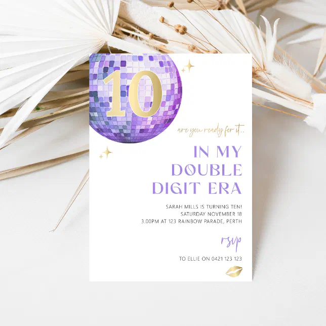 Girls Purple Disco In My Double Digit Birthday Era Invitation | Zazzle