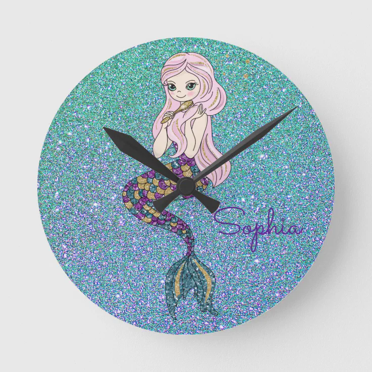 Girl's Purple Glitter Mermaid Wall Clock | Zazzle