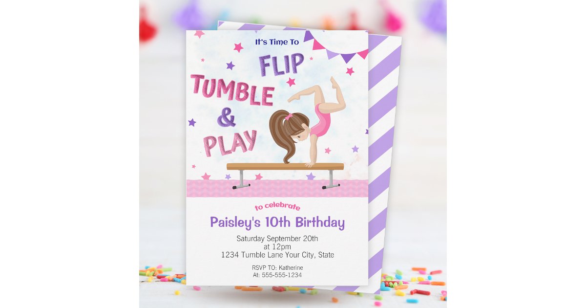 Girls Purple Tumbling Gymnastics Birthday Party Invitation | Zazzle