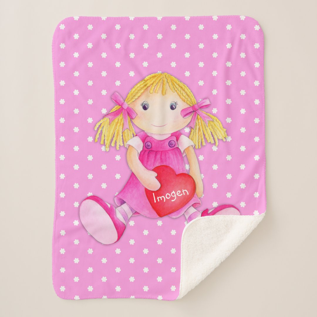 Girls rag doll dolly name flower polka dot blanket | Zazzle
