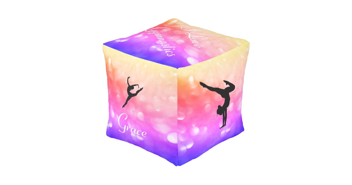 Girls Rainbow I Love Gymnastics Cube Pouf | Zazzle