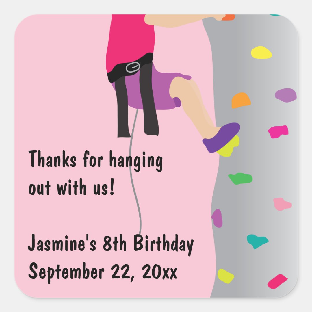 Girl's Rock Wall Climbing Birthday Party Favor Square Sticker | Zazzle