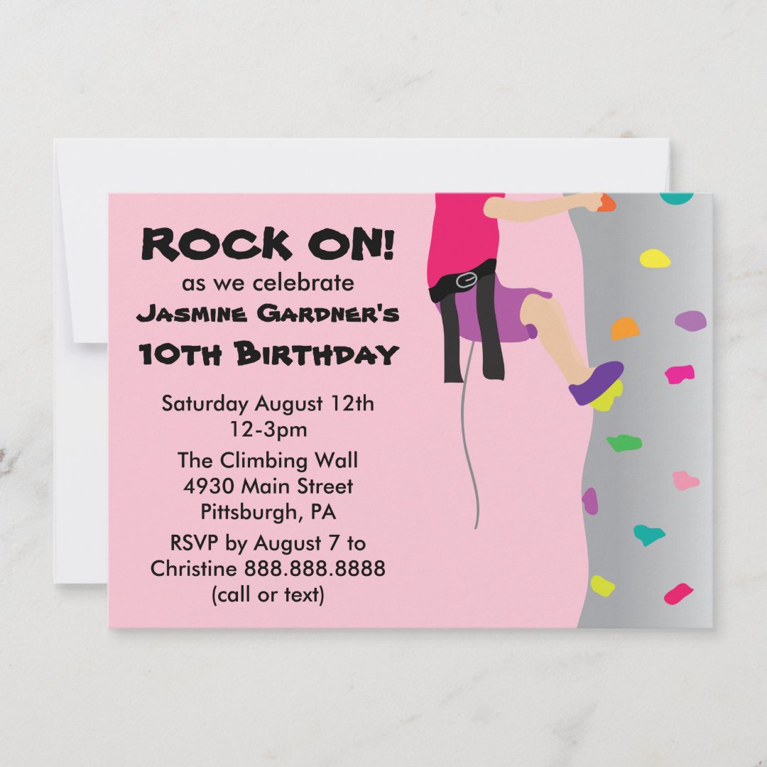 Girl's Rock Wall Climbing Birthday Party Invitation | Zazzle