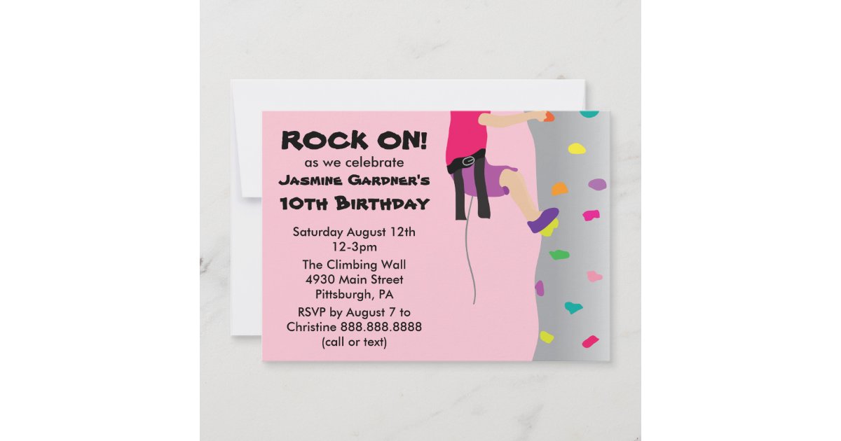 Girl's Rock Wall Climbing Birthday Party Invitation | Zazzle