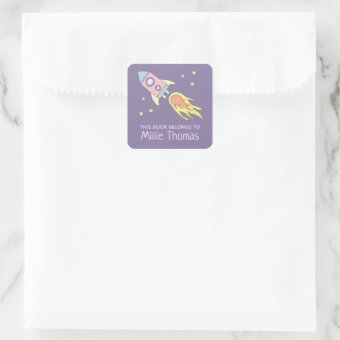 Girl's Rocket Ship 'This Book Belongs' and Name Square Sticker | Zazzle