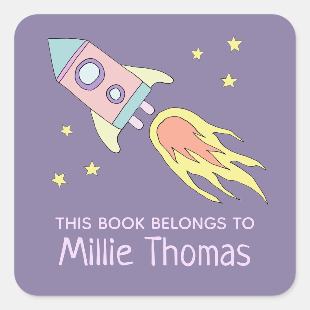 Girl's Rocket Ship 'This Book Belongs' and Name Square Sticker | Zazzle