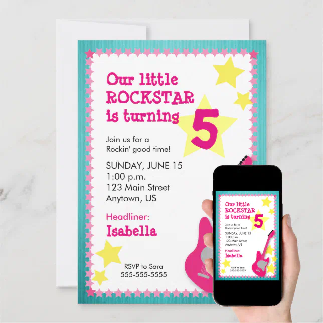 Girl's Rockstar Birthday with Pink Guitar Invitation | Zazzle