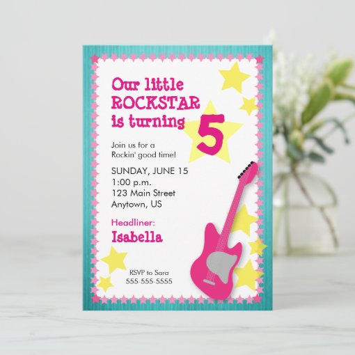 Girl's Rockstar Birthday with Pink Guitar Invitation | Zazzle
