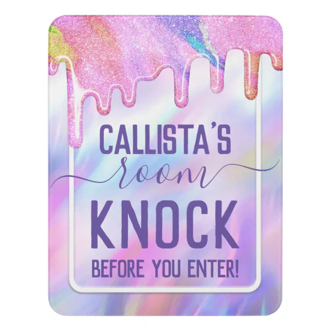 Girl's Room Unicorn Holographic Glitter Drips Door Sign | Zazzle